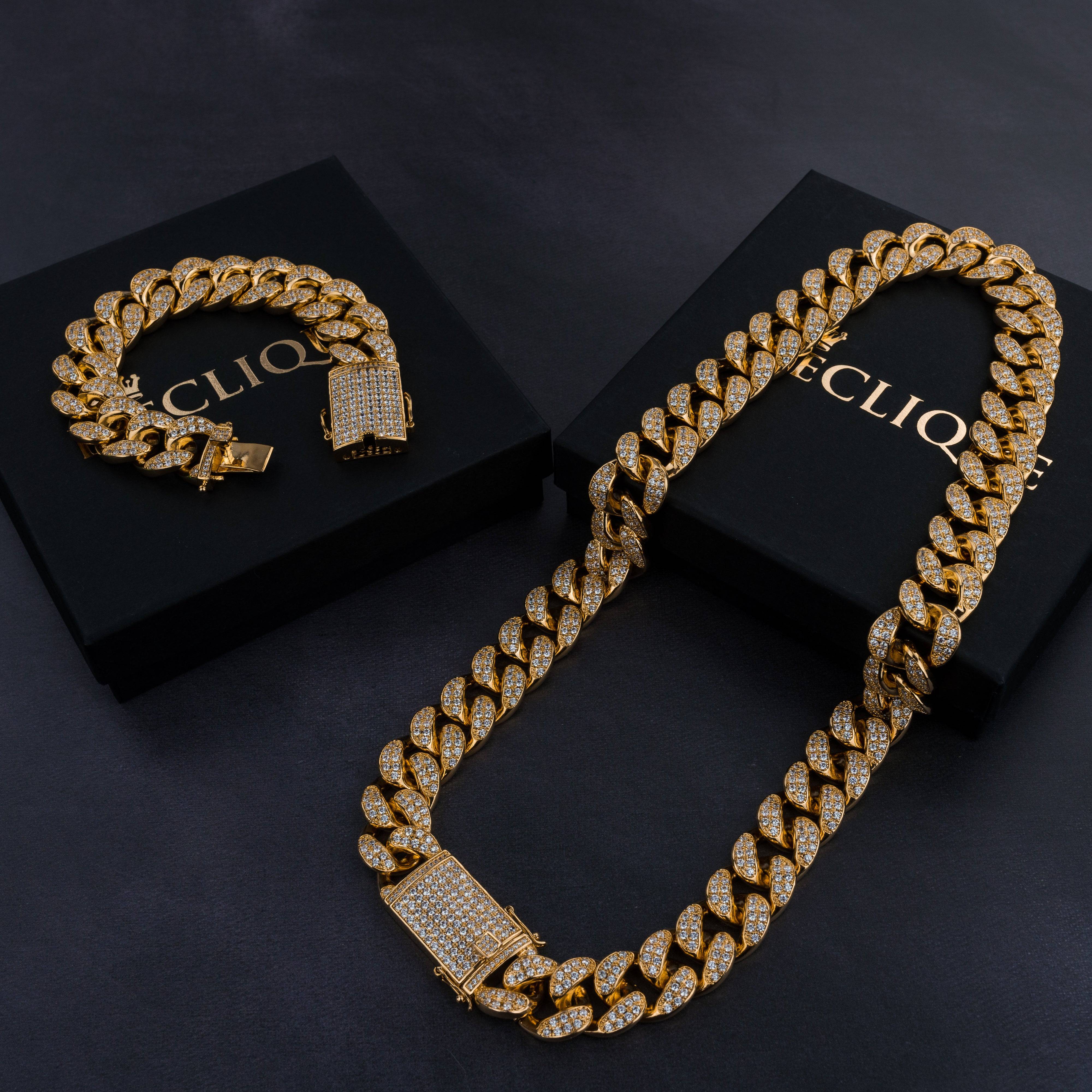 20mm Cuban Chain & Cuban Bracelet Bundle - Gold/White Gold – ICECLIQUE ...